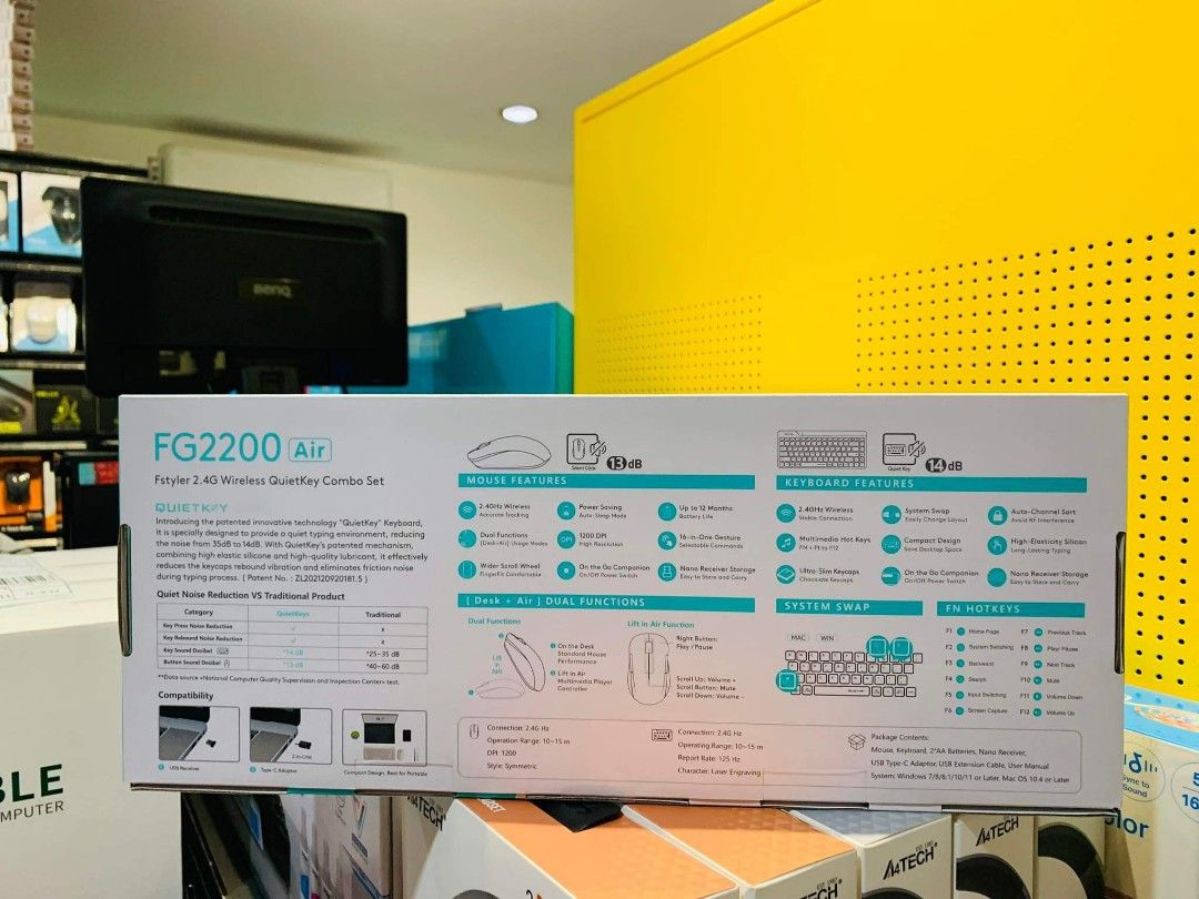 A4Tech FG2200 Air Fstyler 2.4G Wireless QuietKey Silent Compact ...