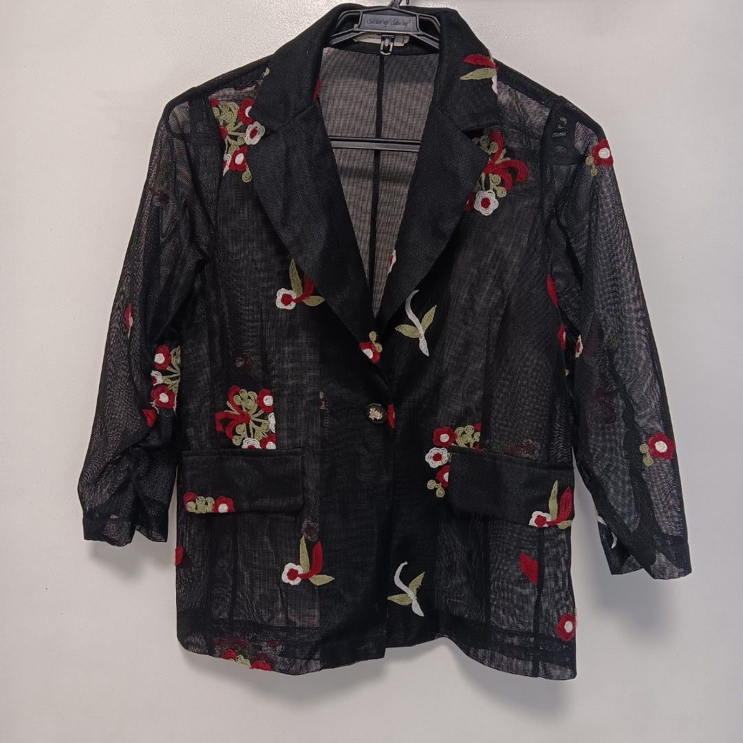 Black See-through Coat with Embroidered Flower Patches, Women's Fashion ...