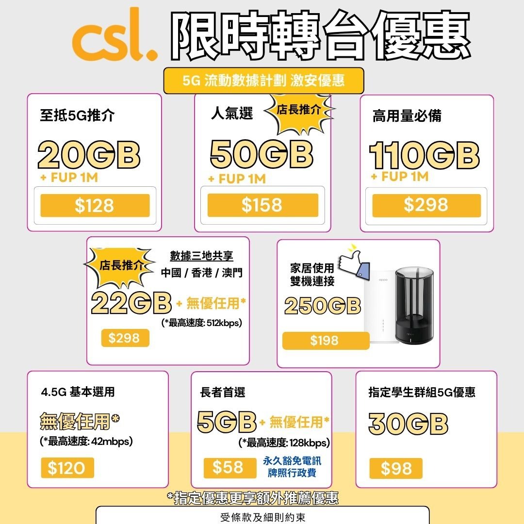 csl 最新5G月費計劃優惠 | CSL | 轉台 | 上台 | 新號碼 | 中港澳數據 | 4.5G | 長者優惠 | 長者Plan ...