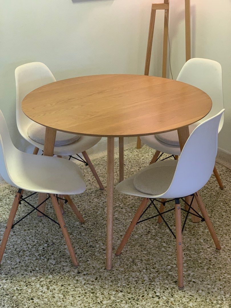 IKEA circular light wooden dining table set (with four chairs ...