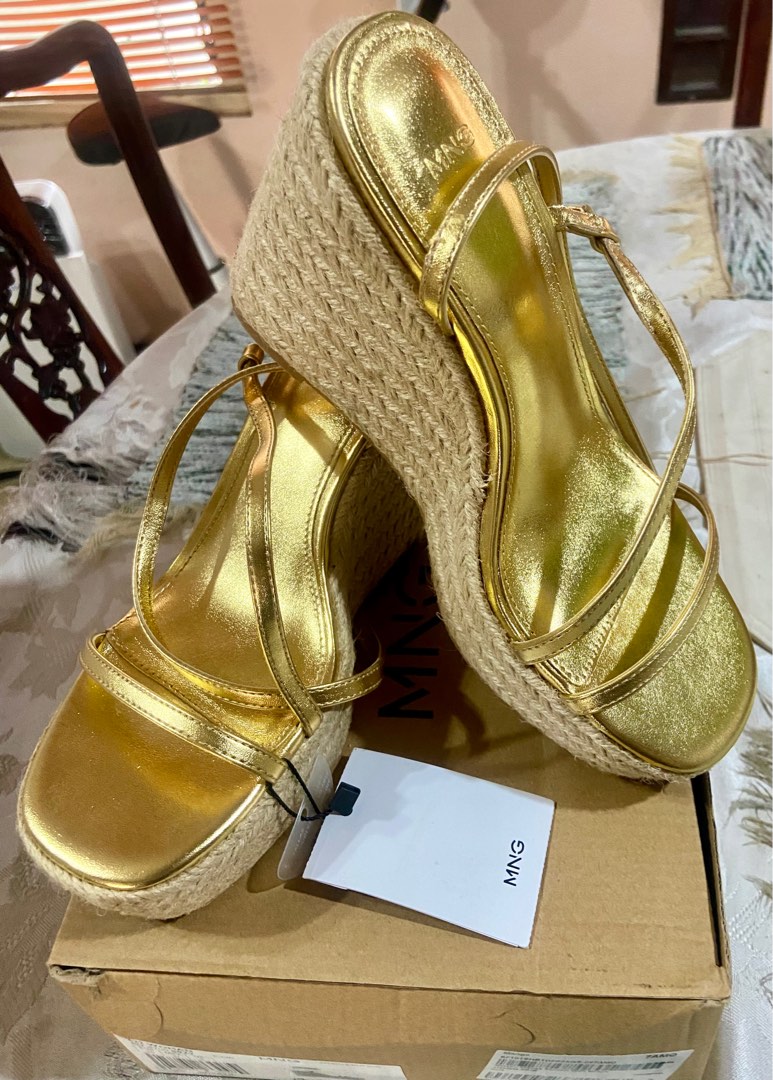Mango Metallic Wedge Sandals with Straps, Women's Fashion, Footwear ...