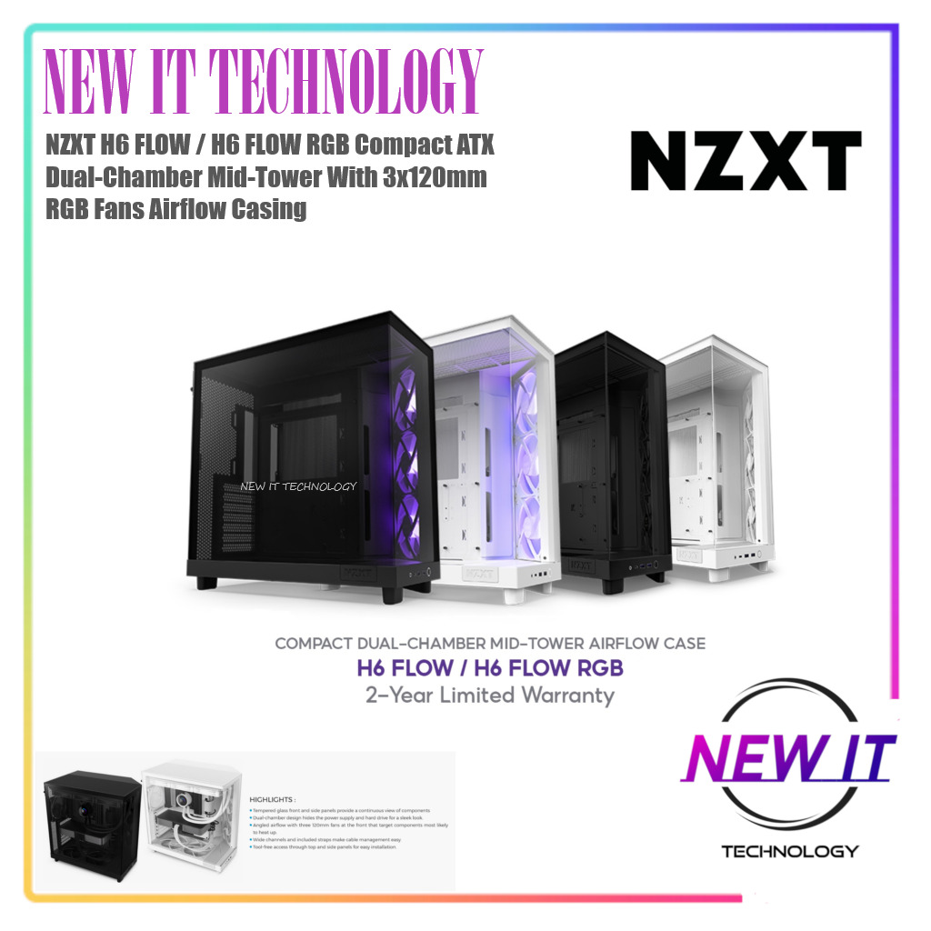 NZXT H6 FLOW / H6 FLOW RGB Compact ATX Dual-Chamber Mid-Tower With ...