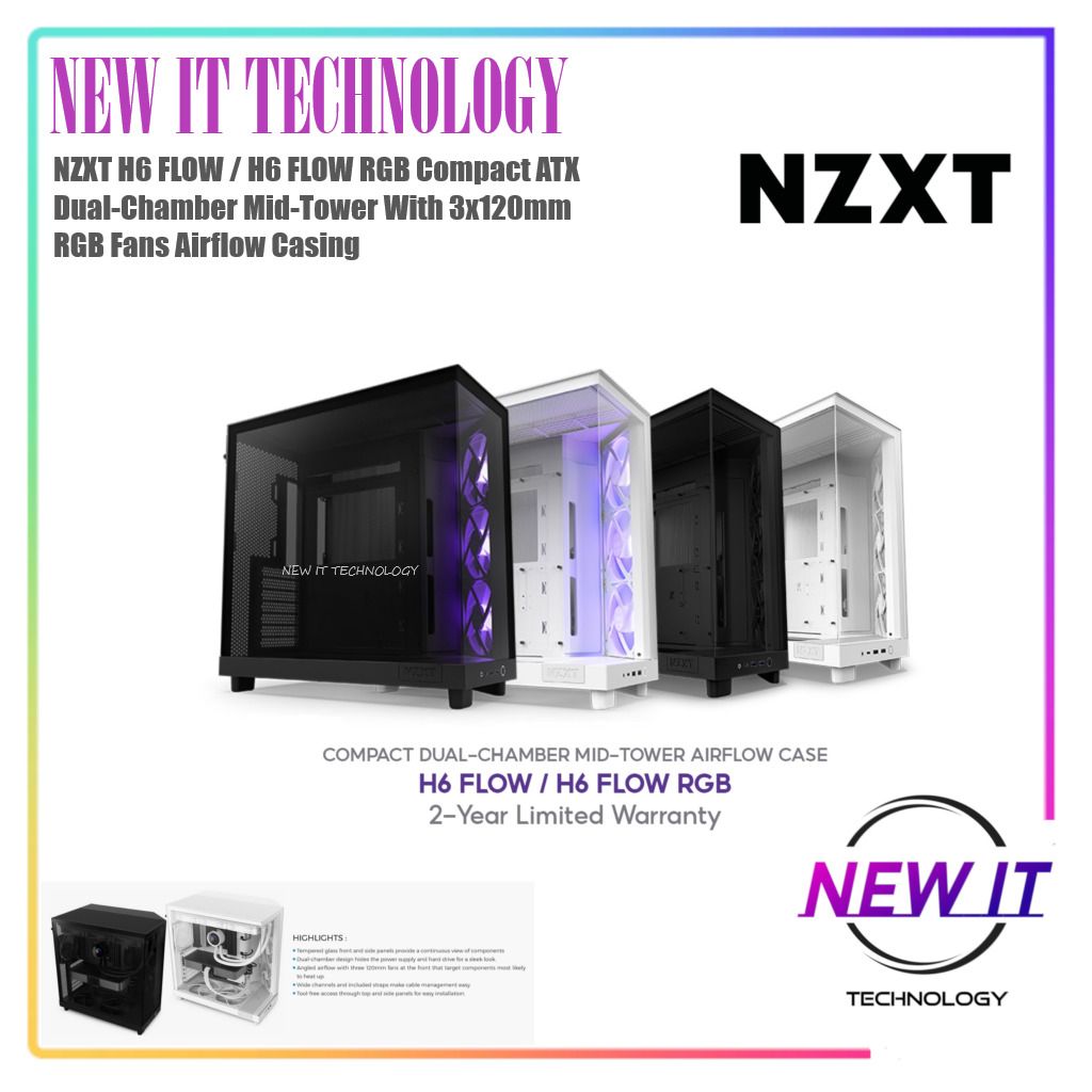 NZXT H6 FLOW / H6 FLOW RGB Compact ATX Dual-Chamber Mid-Tower With ...
