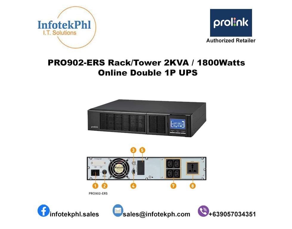 Prolink PRO902-ERS Rack/Tower 2KVA / 1800Watts Online Double 1P UPS ...