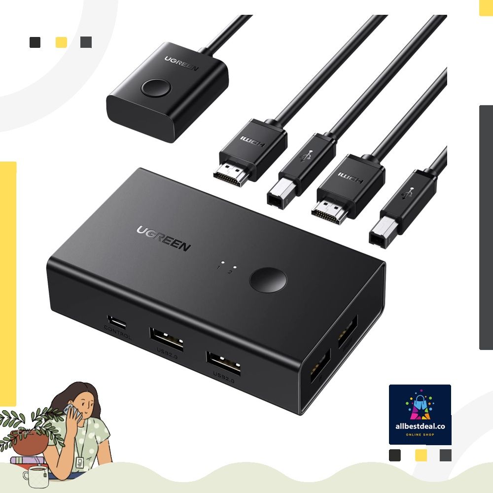 UGREEN KVM Switch HDMI 2 Port, USB and HDMI KVM Switch 2 Computers Share Keyboard Mouse Printer ...