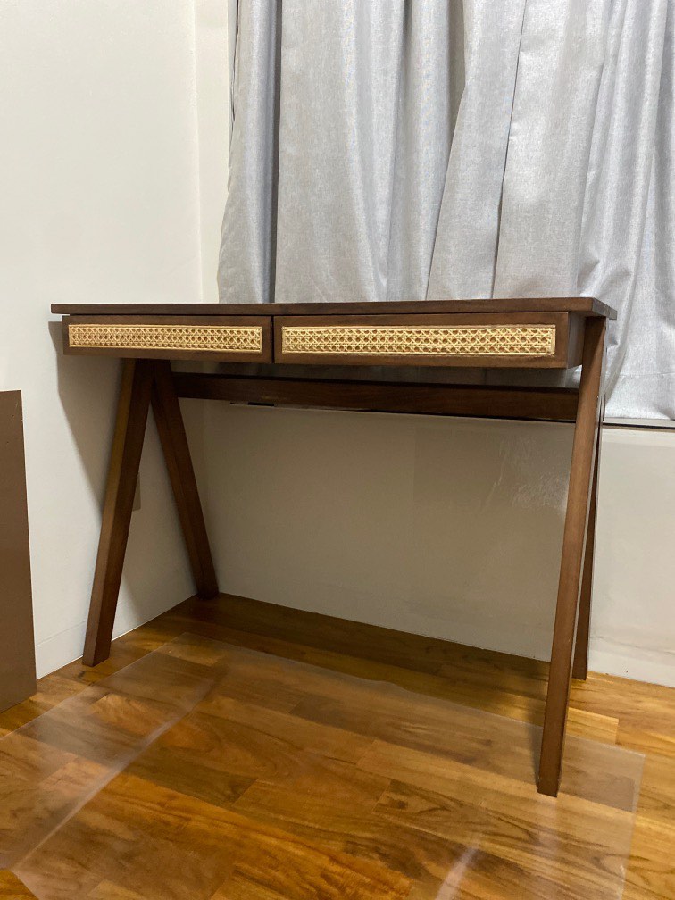 Walnut rattan study desk / vanity / dresser, Furniture & Home Living ...