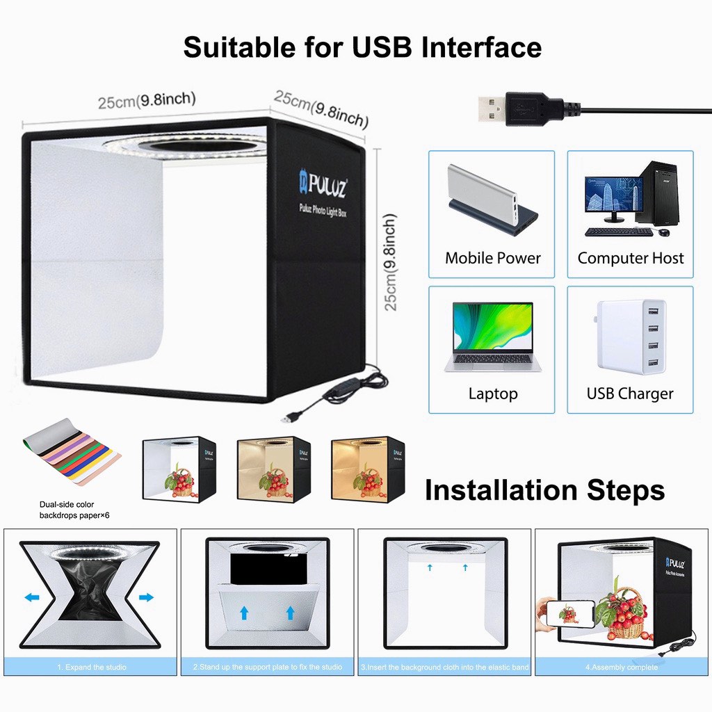 25CM Portable LED Photo Studio Box Foldable Product Photography Light ...