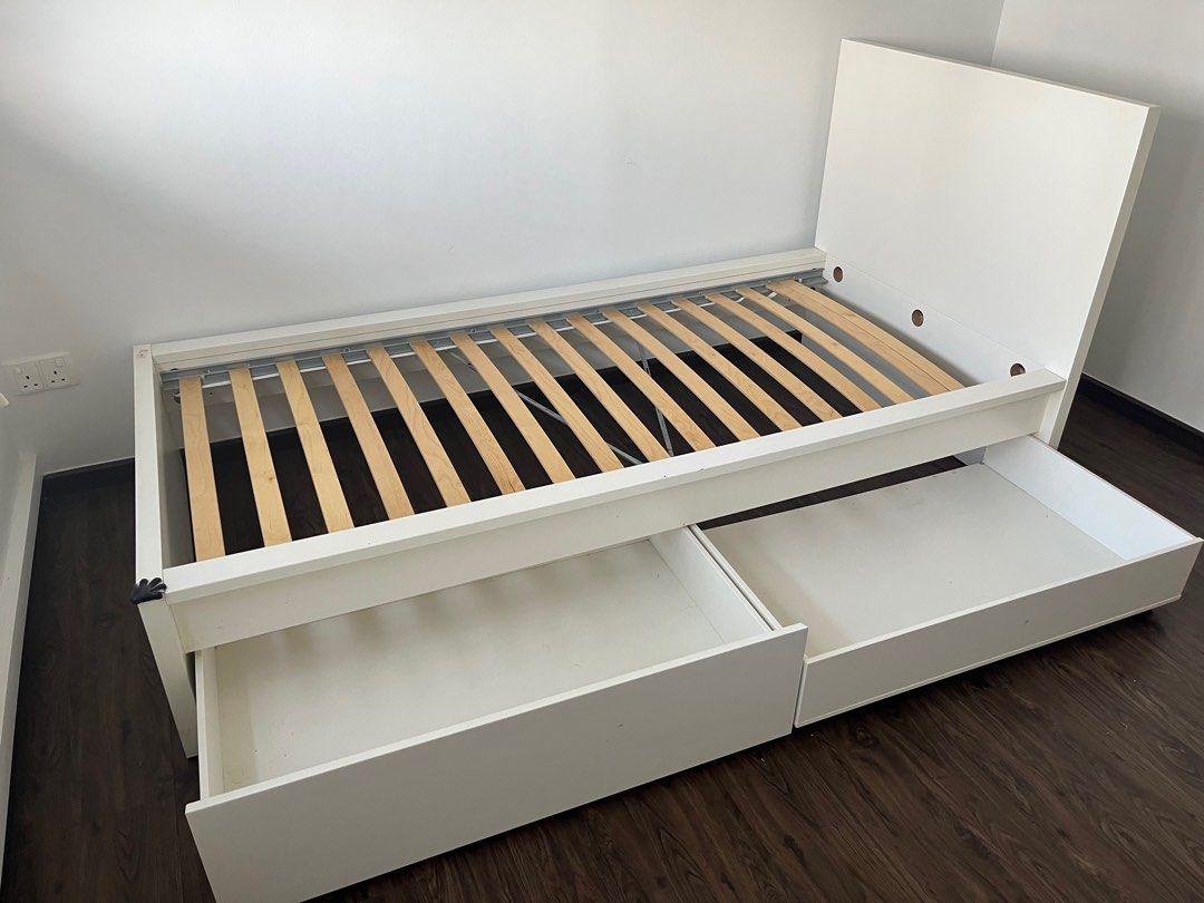 Ikea Malm Single Bed Frame (210cm x 106cm) with 2 drawers, Furniture ...