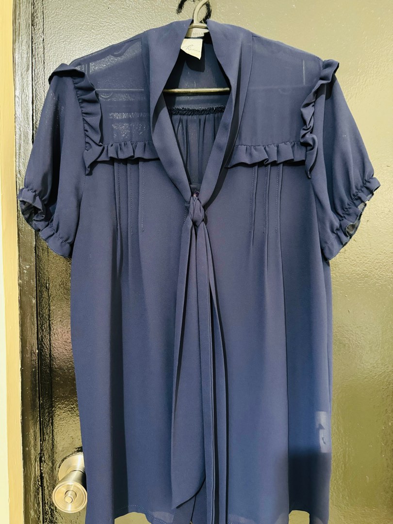 Kashieca Dark Blue Sheer Office Ruffled Blouse, Women's Fashion, Tops ...