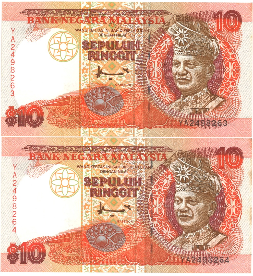 Malaysia Ringgit RM10 Old vintage bank notes running number, Hobbies ...