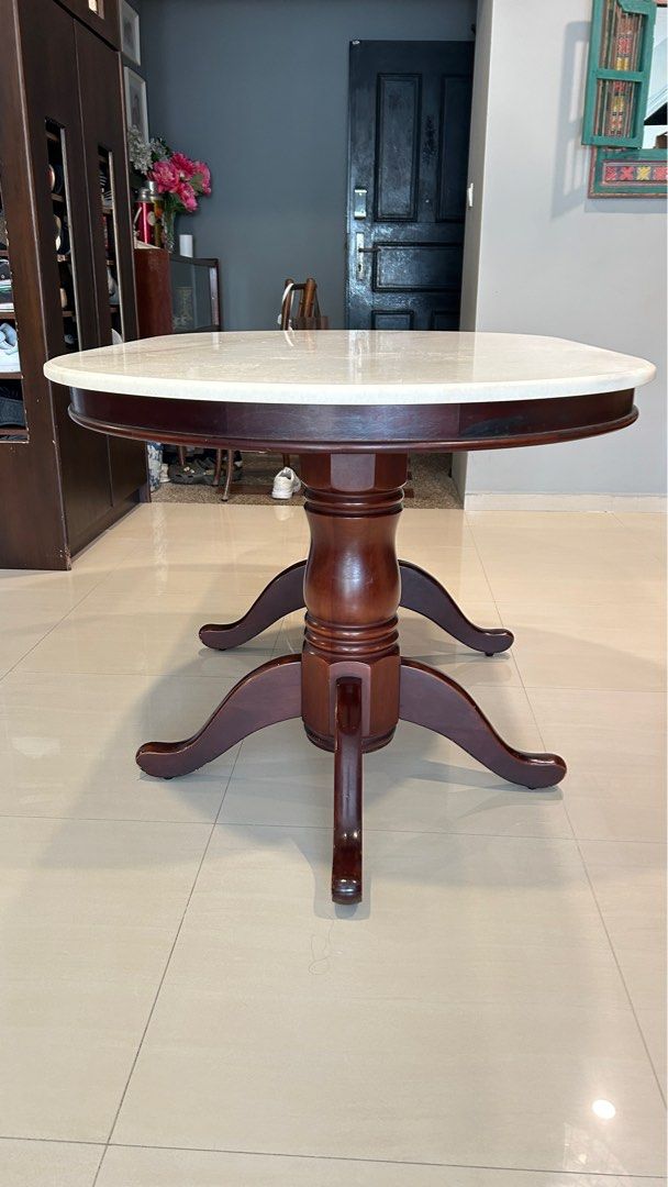 Peranakan kopi tiam style marble top solid wood dining table ...