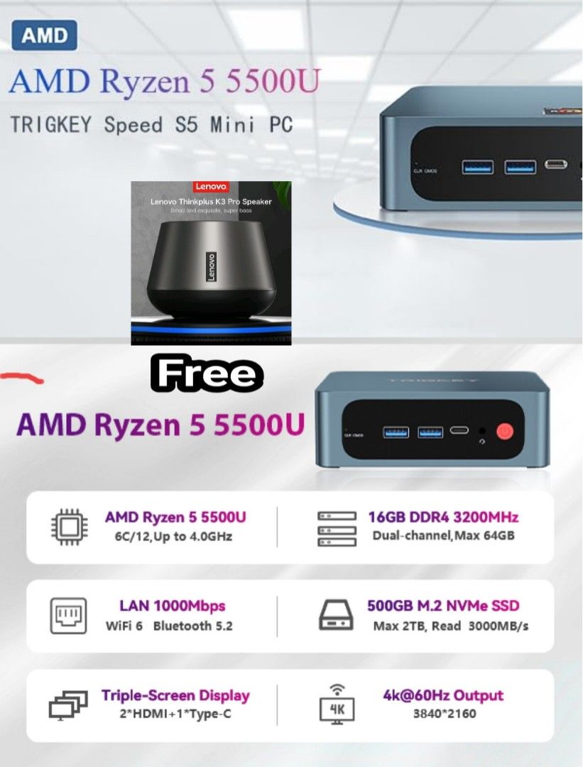 TRIGKEY Mini PC AMD Ryzen 5 5500 (Win 11 Pro) 16GB DDR4/ 500GB NVME SSD ...