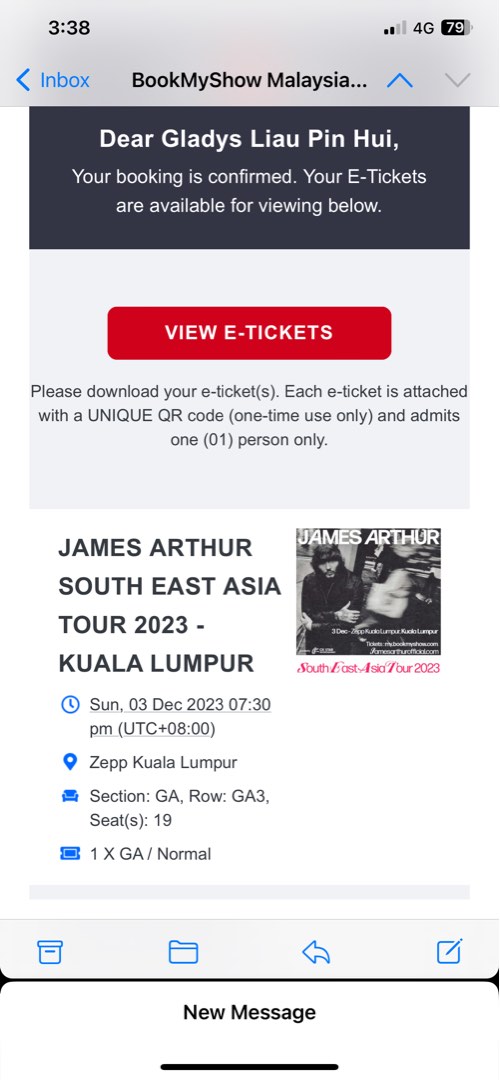 WTS James Arthur GA Concert Ticket, Tickets & Vouchers, Event Tickets ...