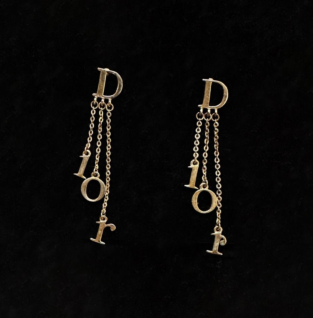 Authentic Vintage Christian Dior Logo Dangling Spell out Chain Earrings