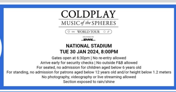 Coldplay 30th Jan CAT 4 x1, Tickets & Vouchers, Event Tickets on Carousell
