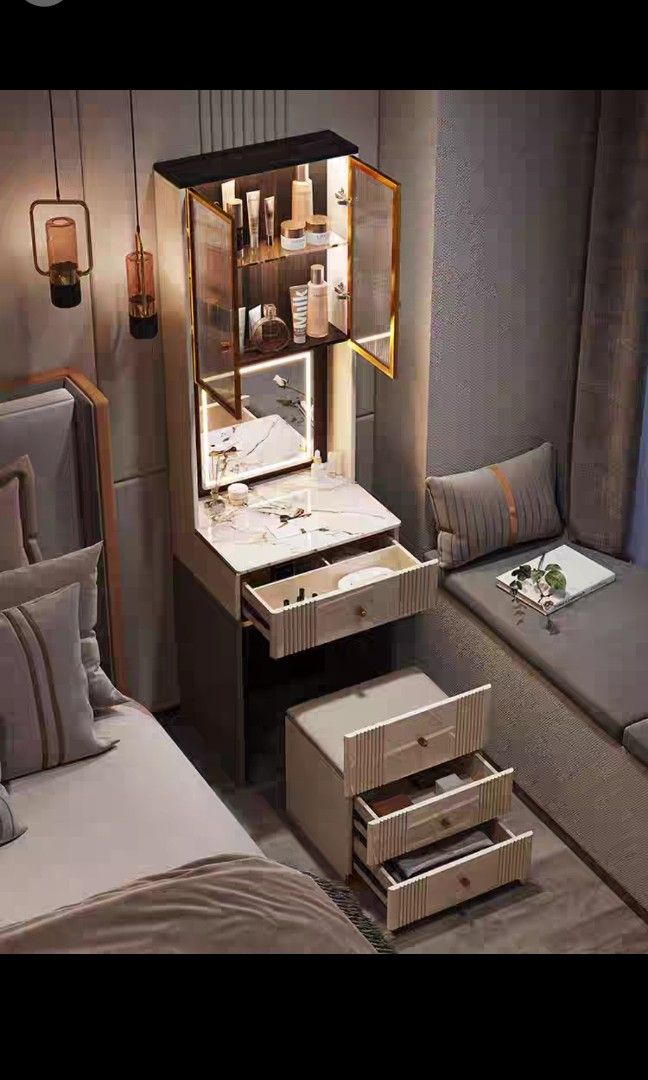 Compact dressing table with hidden stool and storage, Furniture & Home ...