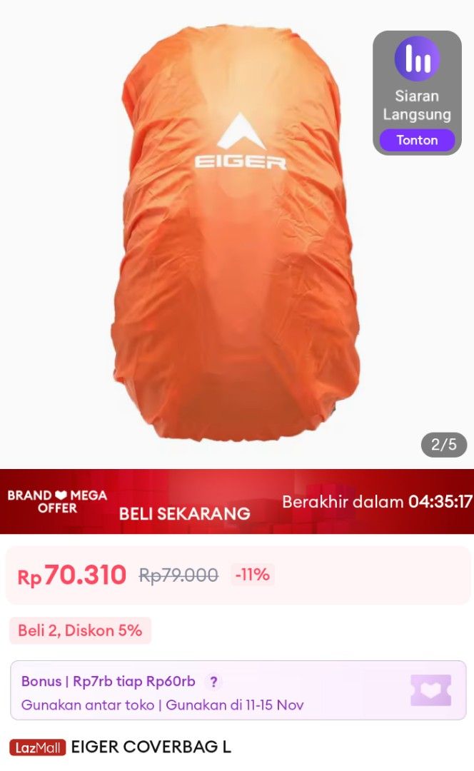 Coverbag/ Mantel Tas Gunung Eiger Original Authentic, Fesyen Pria, Tas ...
