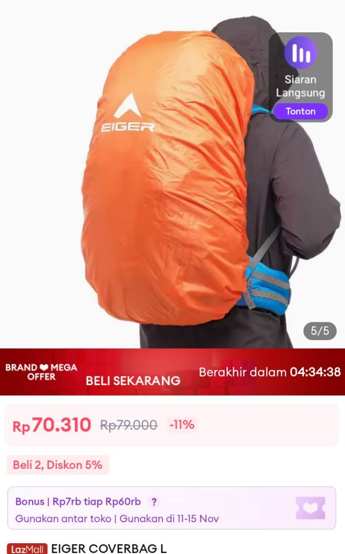 Coverbag/ Mantel Tas Gunung Eiger Original Authentic, Fesyen Pria, Tas ...