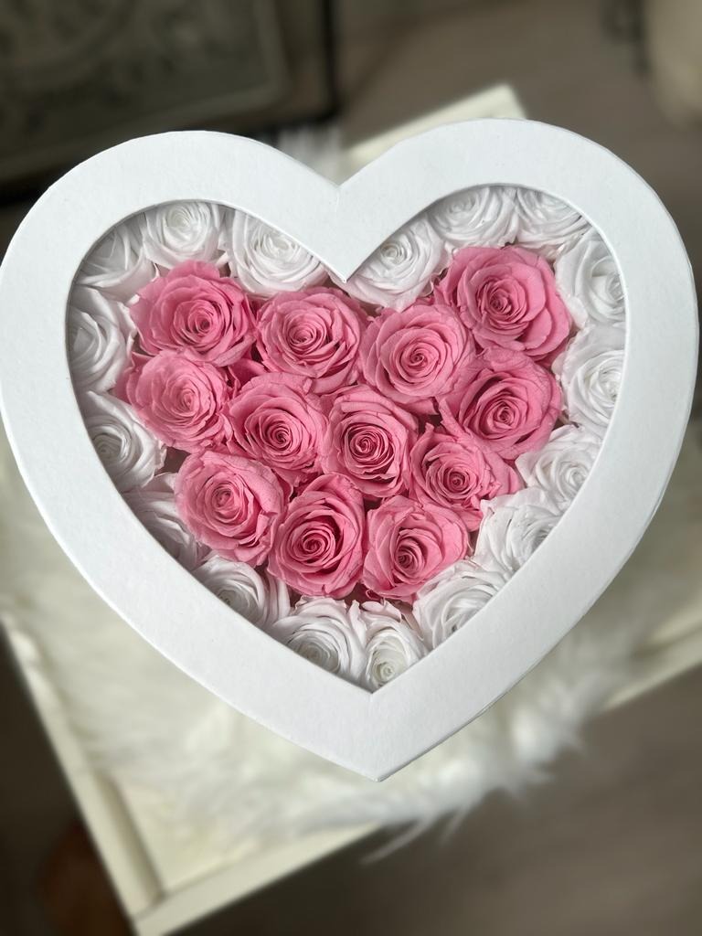 Heart Shaped Preserved Blush Pink and White Roses Box with Surprise ...