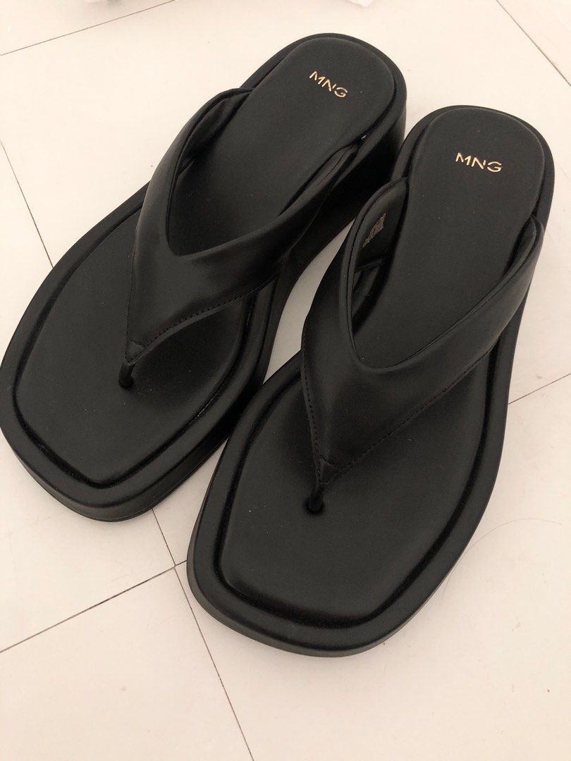 Mango Black Leather Thong Flipflops Platform Rounded Toe Strap Sandals ...