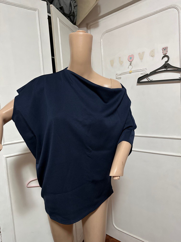 Navy blue one side off shoulder, Women's Fashion, Tops, Blouses on ...