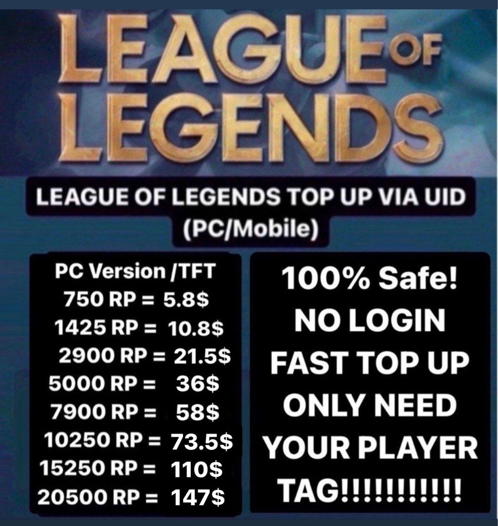 (NO LOGIN) LEAGUE OF LEGENDS TOP UP/ LoL Top up/ lol top up/TFT RP Top Up/ LoL RP Top up/ league ...