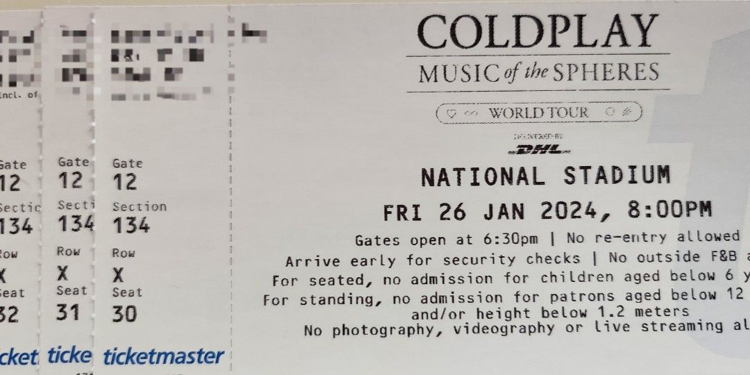 [Physical tickets] 4 x COLDPLAY World Tour Fri 26th Jan 2024 8pm ...