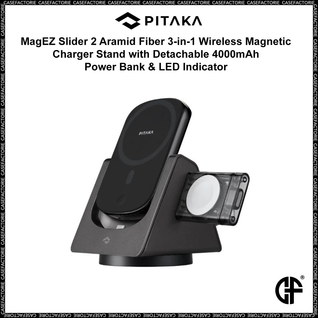 PITAKA MagEZ Slider 2 Aramid Fiber 3-in-1 Wireless MAG Charger Stand with Detachable 4000mAh ...
