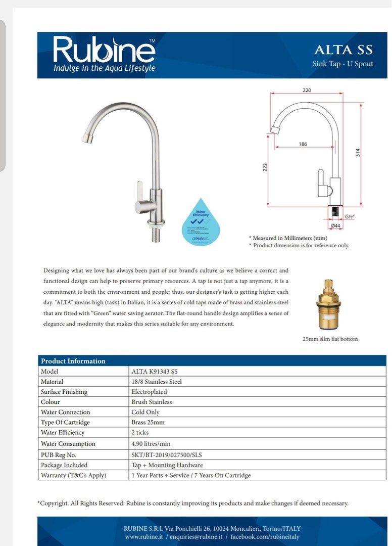 RUBINE ALTA STAINLESS STEEL SINK TAP, Furniture & Home Living, Bathroom ...