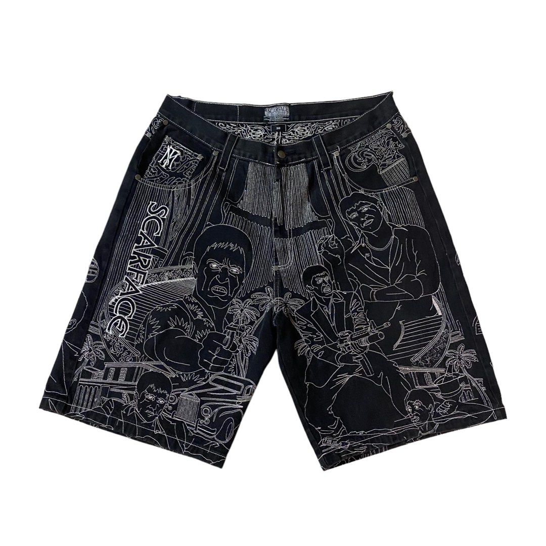 scarface aop denim short, Men's Fashion, Bottoms, Shorts on Carousell