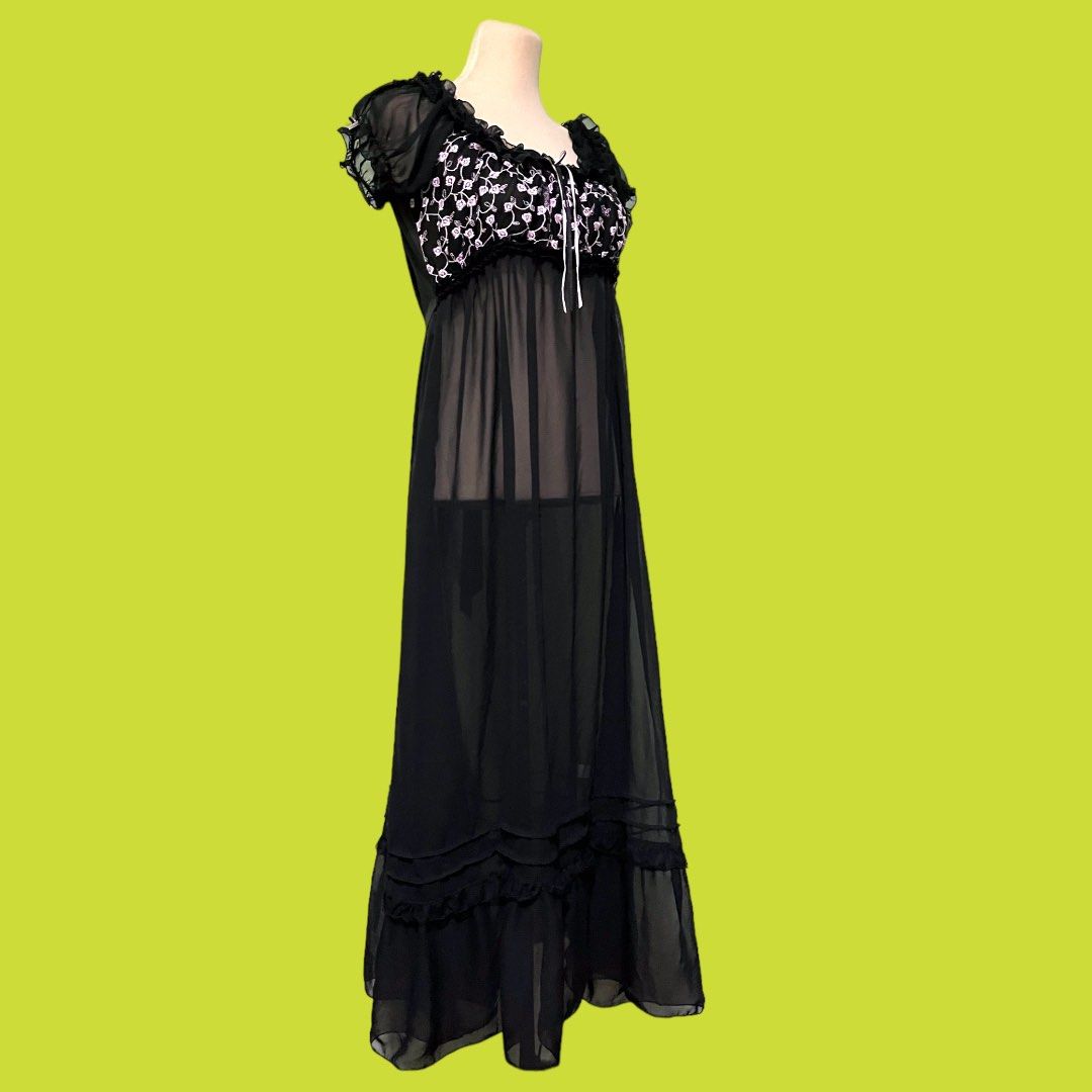 Sheer Black Long Night Gown with Embroidery and bow details, Women's ...