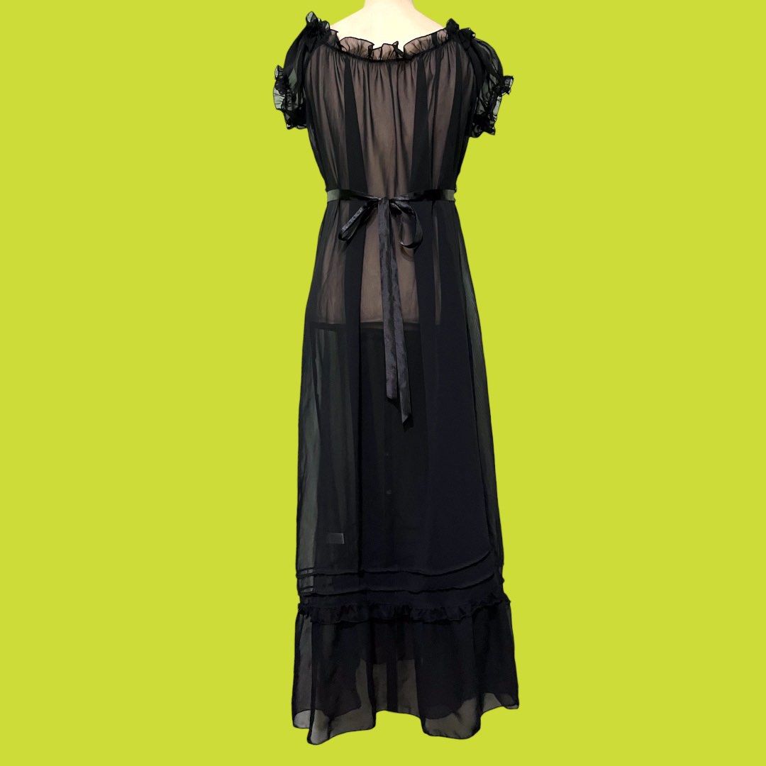 Sheer Black Long Night Gown with Embroidery and bow details, Women's ...
