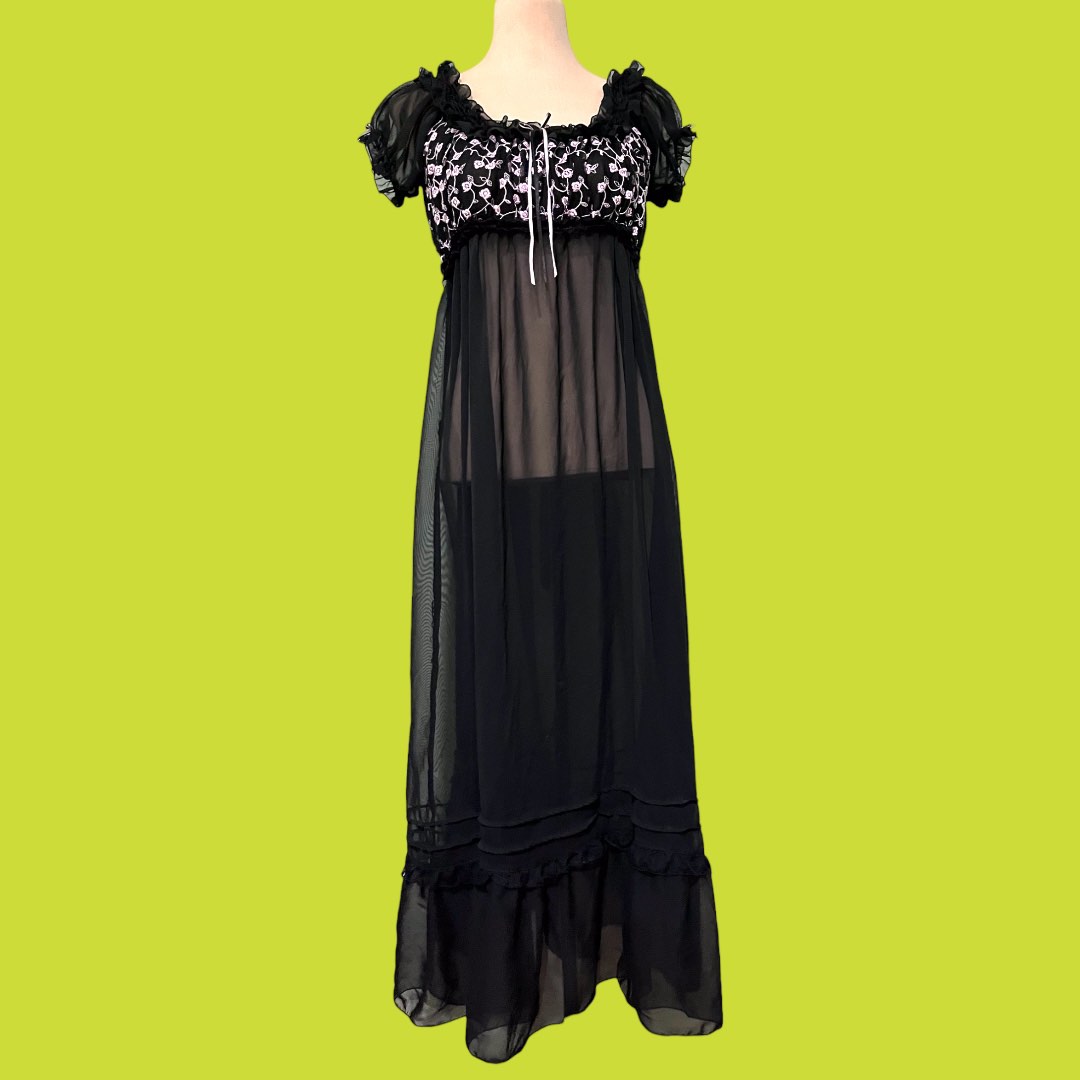 Sheer Black Long Night Gown with Embroidery and bow details, Women's ...