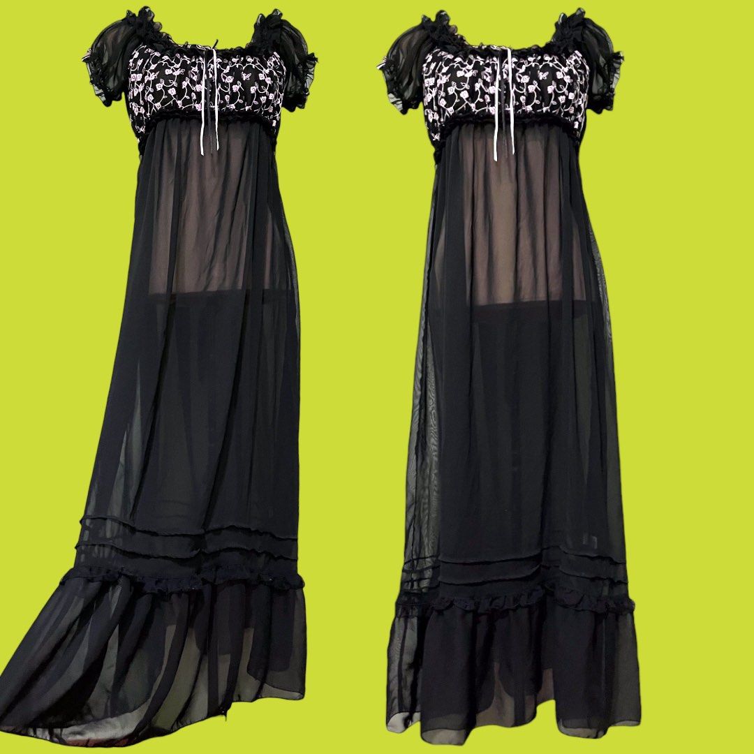 Sheer Black Long Night Gown with Embroidery and bow details, Women's ...