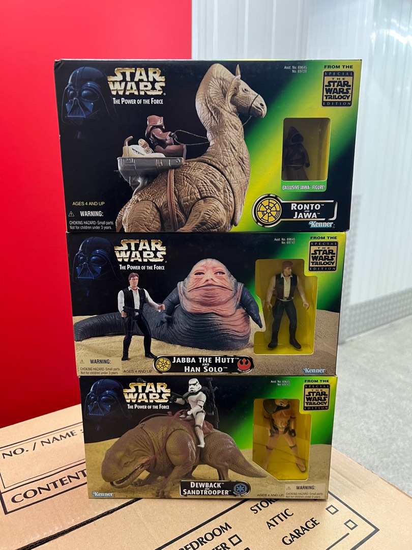 Star Wars - 1997 POTF Dewback Sandtrooper, Jabba the Hut and Han Solo ...