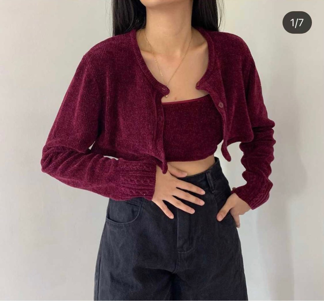 Vintheline Reworked Custom Maroon Red Velvet Cardigan and Cropped Top ...