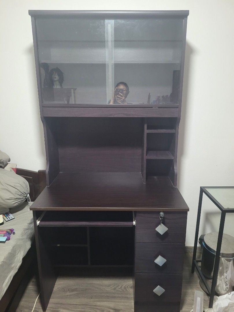 Wooden Computer/Study Table with Glass Display Shelves, Furniture & Home Living, Furniture ...