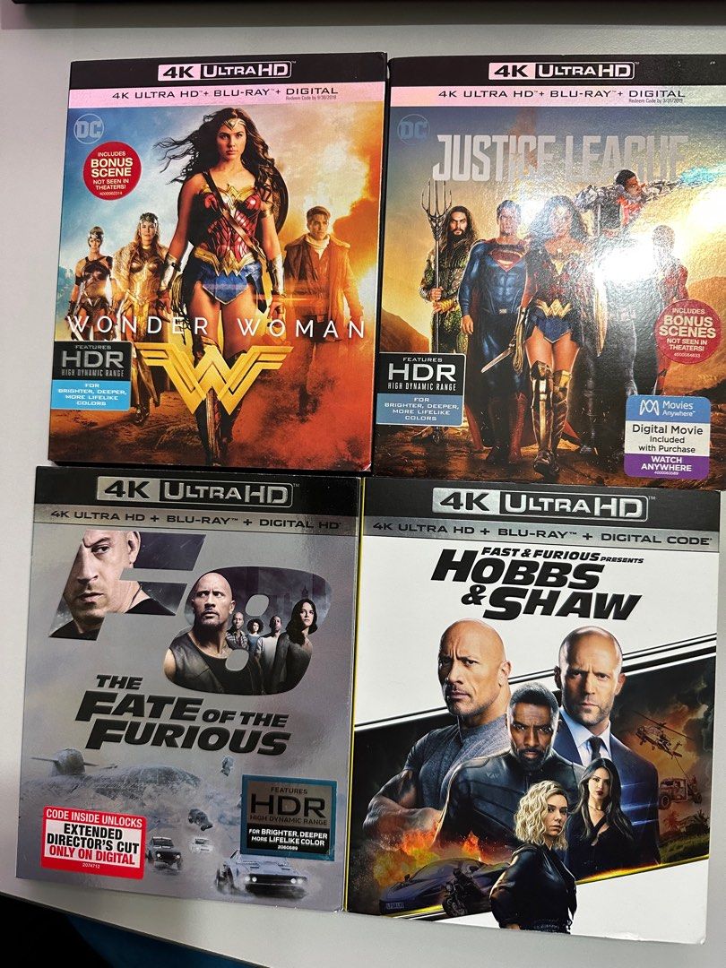 4K ultra blu rays- Fast & Furious-Hobbs&Shaw, The fate of the furious, Wonder Woman, Justice ...