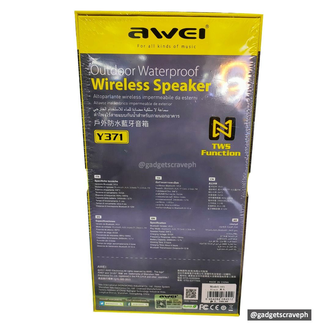 Awei Y371 Wireless Bluetooth Outdoor IPX5 Waterproof Speaker 2400mAh 6Wx2, Audio, Soundbars ...