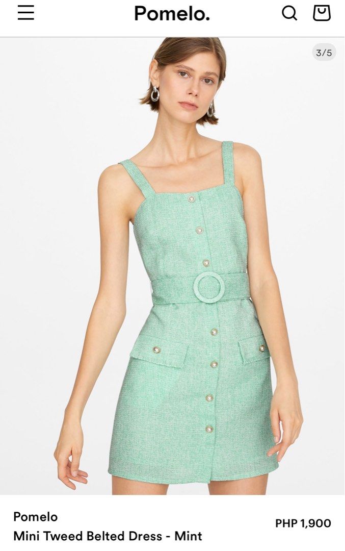 Pomelo Mini Tweed Belted Mint Dress , Women's Fashion, Dresses & Sets ...