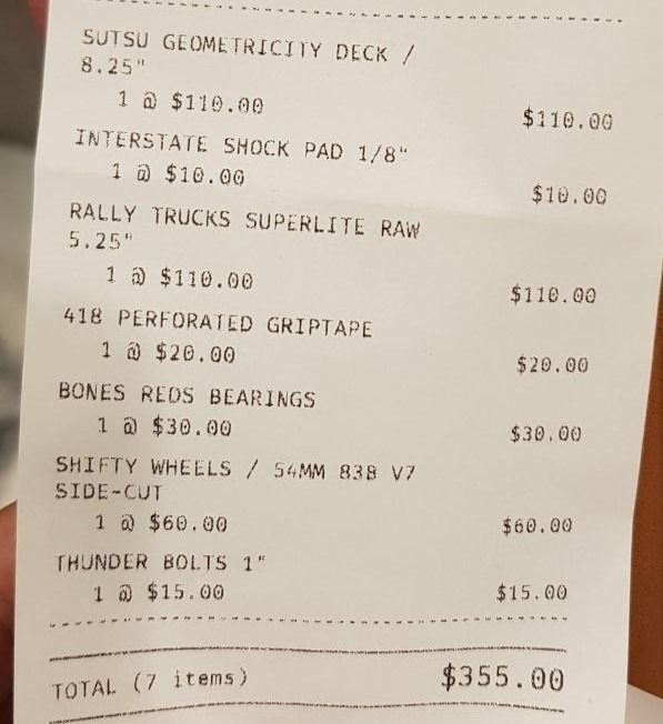 Custom-built trick skateboard - with receipt showing parts, Sports ...