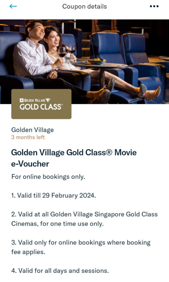 GV Gold Class Ticket, Tickets & Vouchers, Vouchers on Carousell