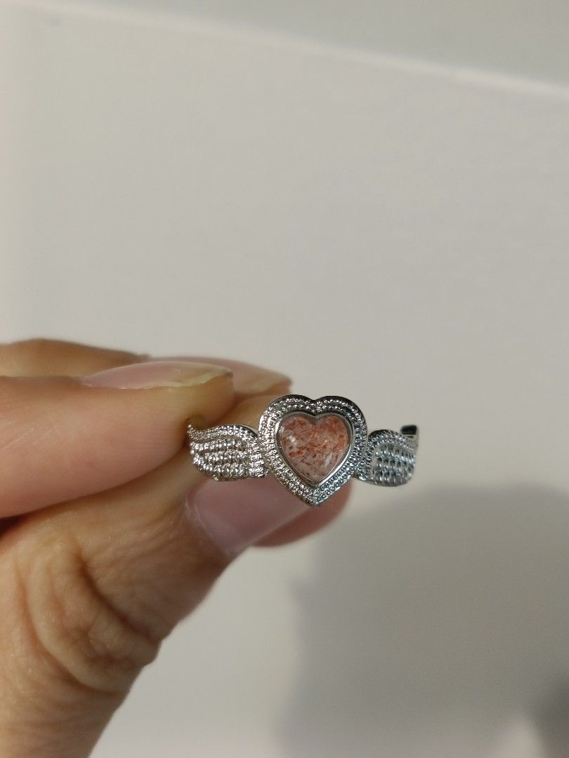 Heartshape Strawberry Quartz with angel wings silver ring, Women's Fashion, Jewelry & Organisers ...