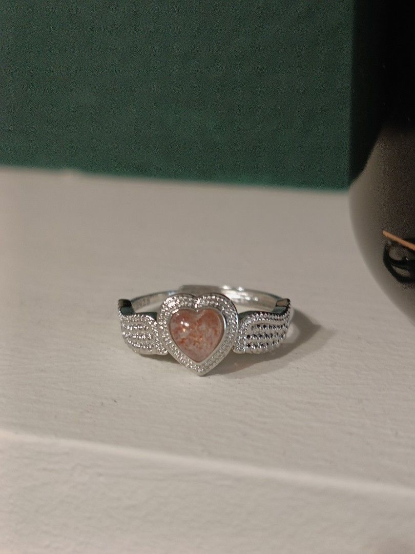 Heartshape Strawberry Quartz with angel wings silver ring, Women's Fashion, Jewelry & Organisers ...