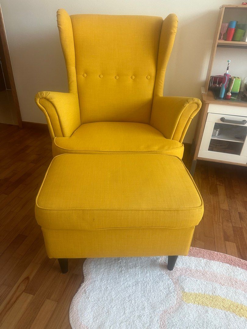IKEA STRANDMON Yellow Chair with foot stool, Furniture & Home Living ...