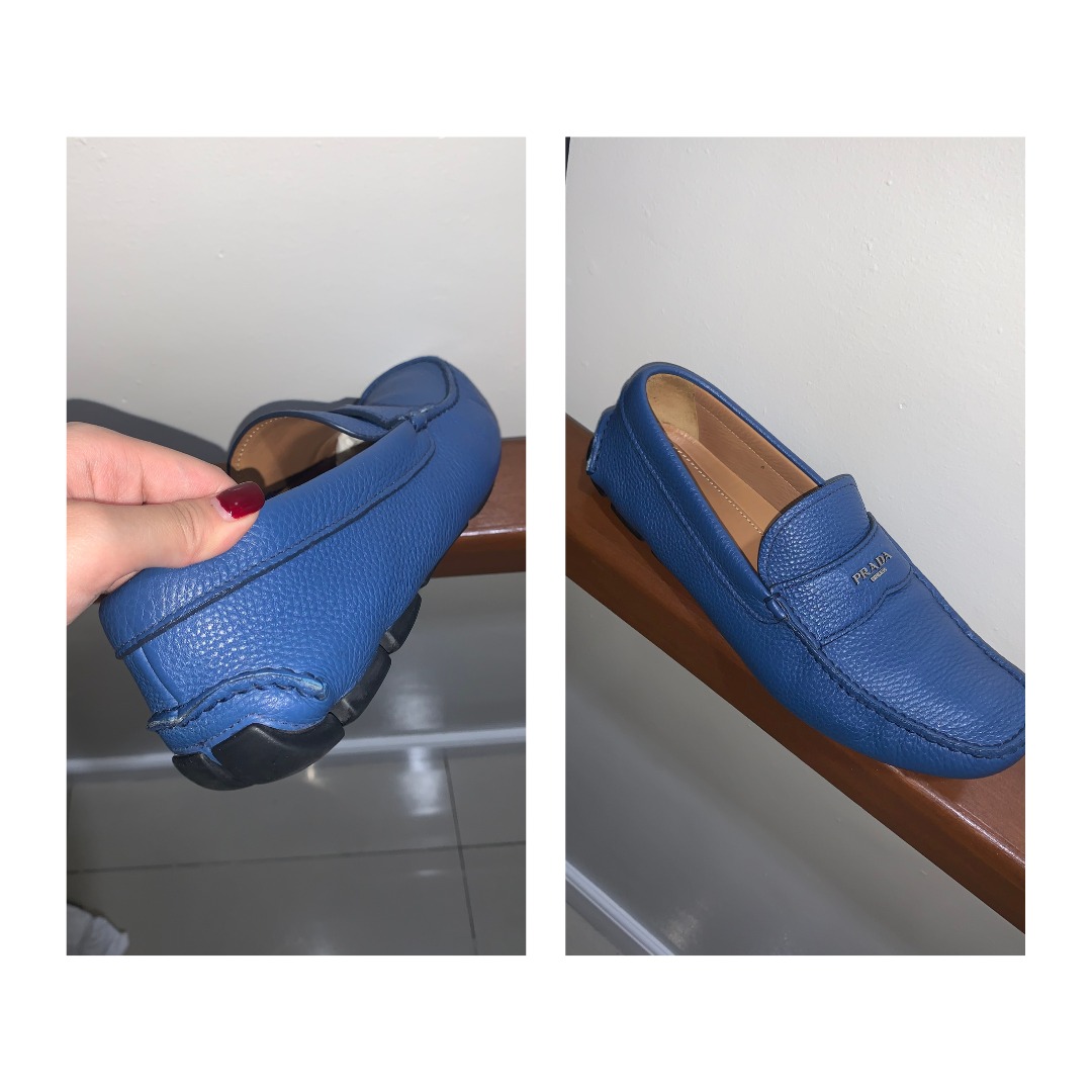 Prada Mens Pebnle Leather Driving Shoes with box 8.5 US, Men's Fashion ...