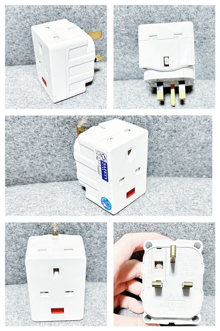 3 Way Electrical Plug Multi Adapter Safety Marked 2 Pin Compatible, TV ...