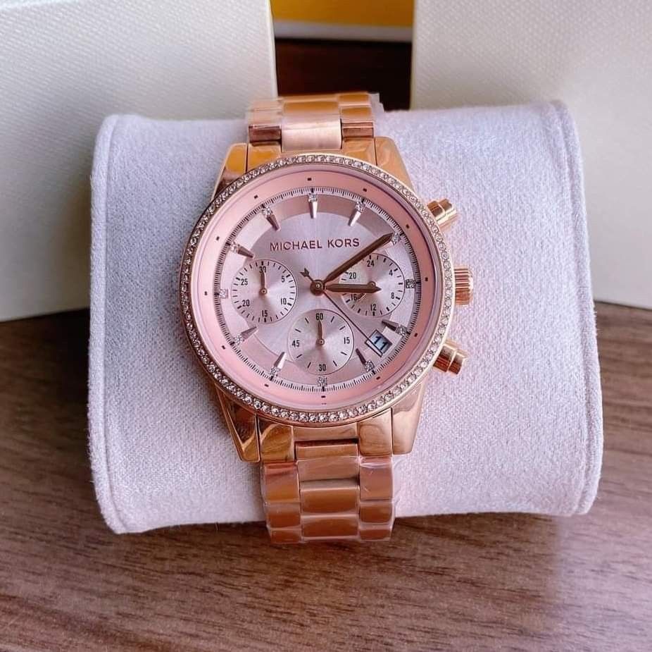 Authentic MK Ritz Rosegold Tone Chronograph Watch, Women's Fashion ...