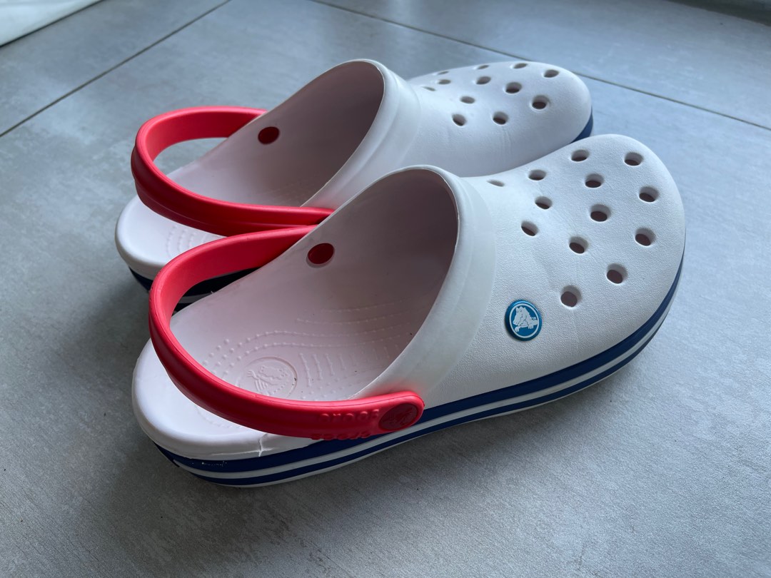 Crocs Crocband (white/blue/red), Women's Fashion, Footwear, Slippers ...