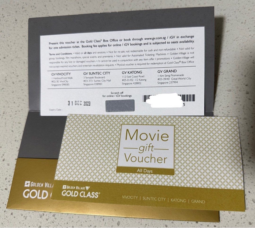 2 Golden Village Gold Class ticket/ voucher, Tickets & Vouchers ...